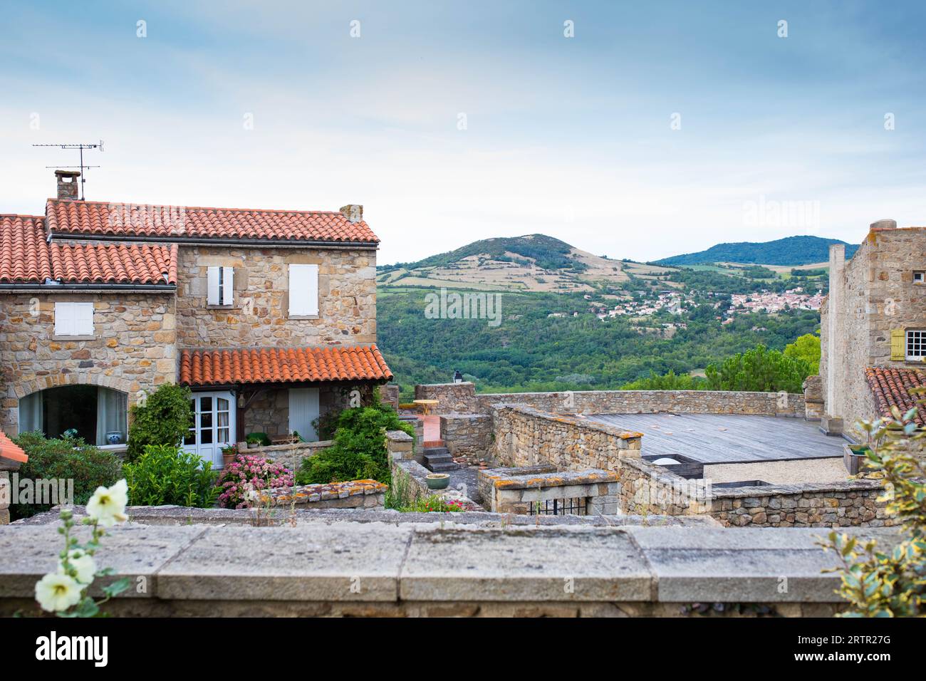 Terrace view in the charming medieval village of Montpeyroux, Auvergne ...