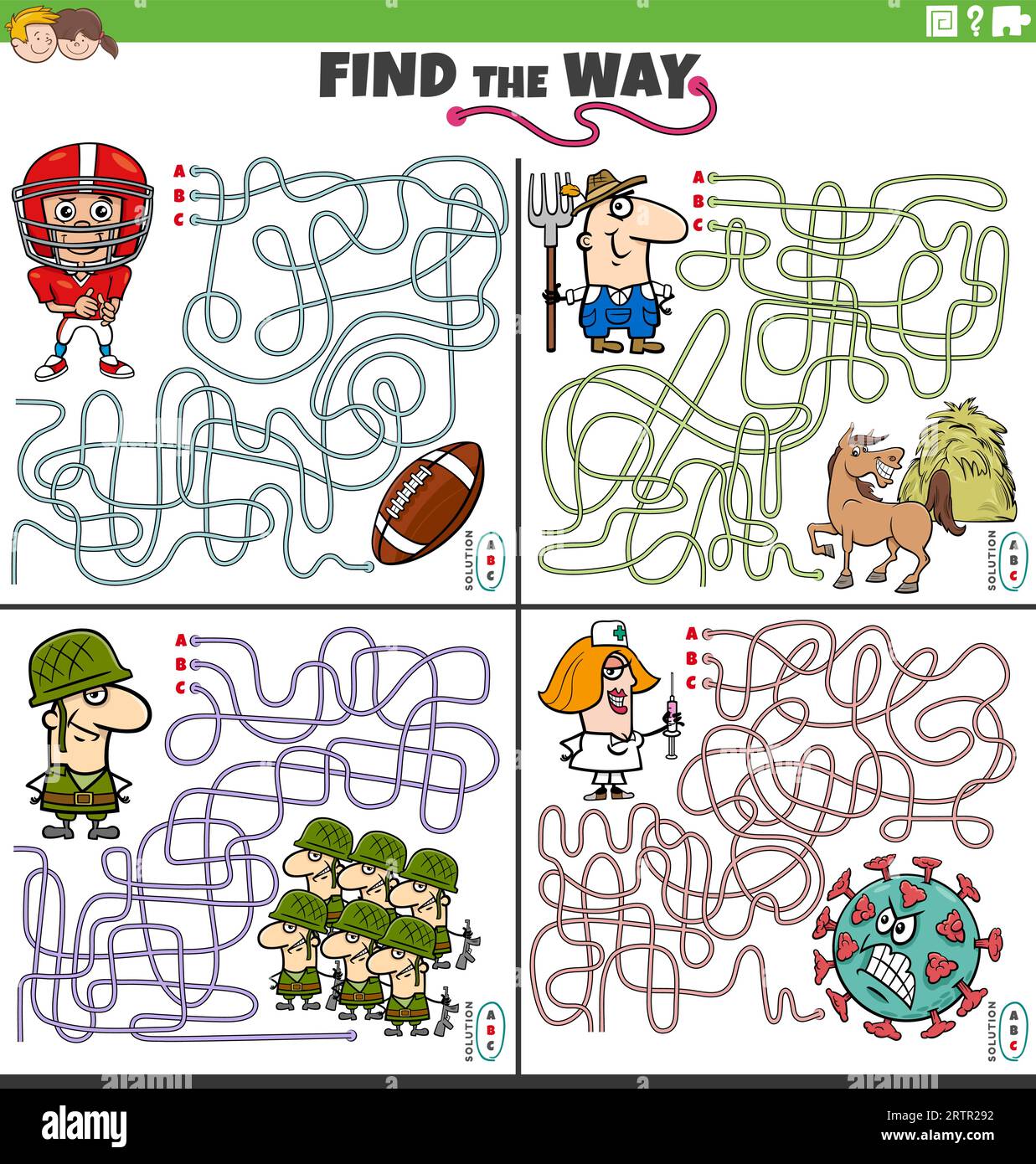 Cartoon illustration of find the way maze puzzle games set with people ...