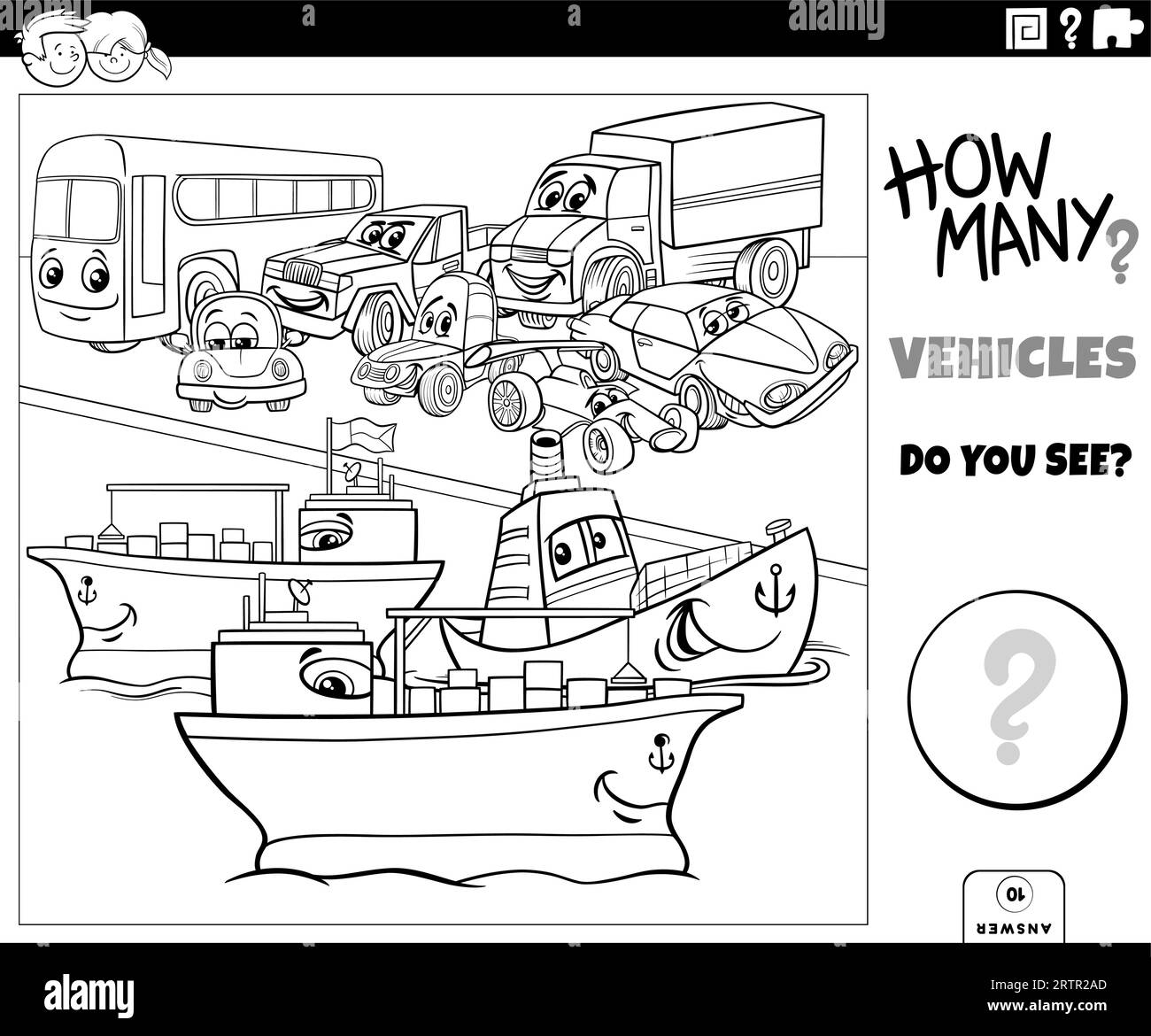 Black and white illustration of educational counting activity with ...