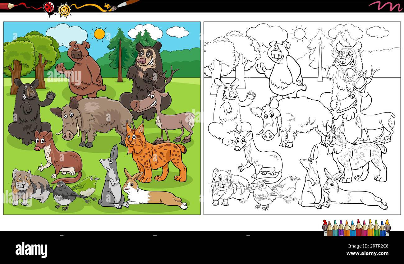 Cartoon illustration of wild animal characters group coloring page ...