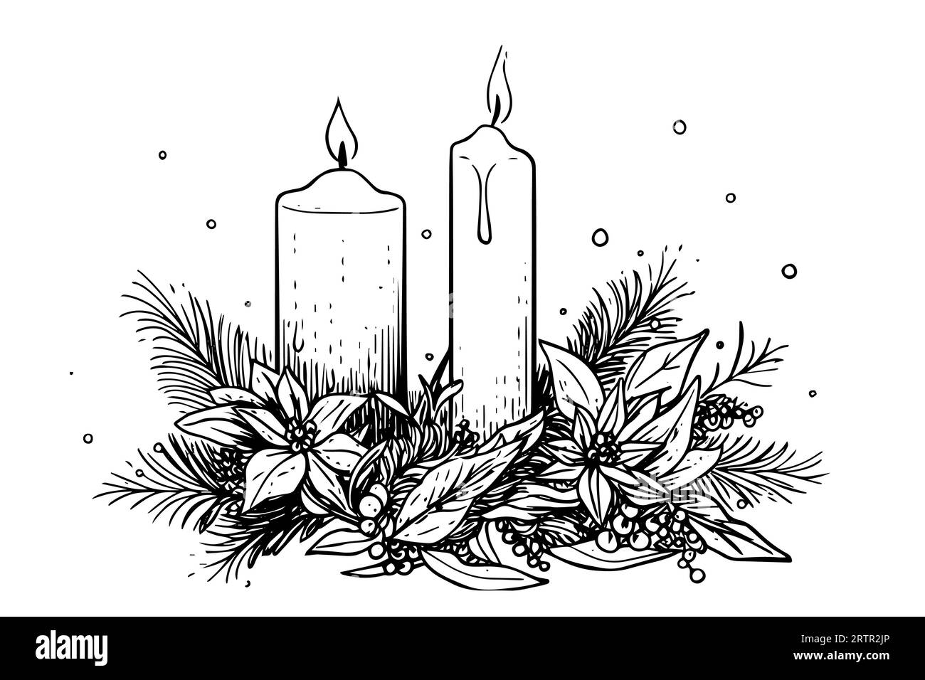 Thick christmas candles burning. Hand drawn sketch engraving style ...