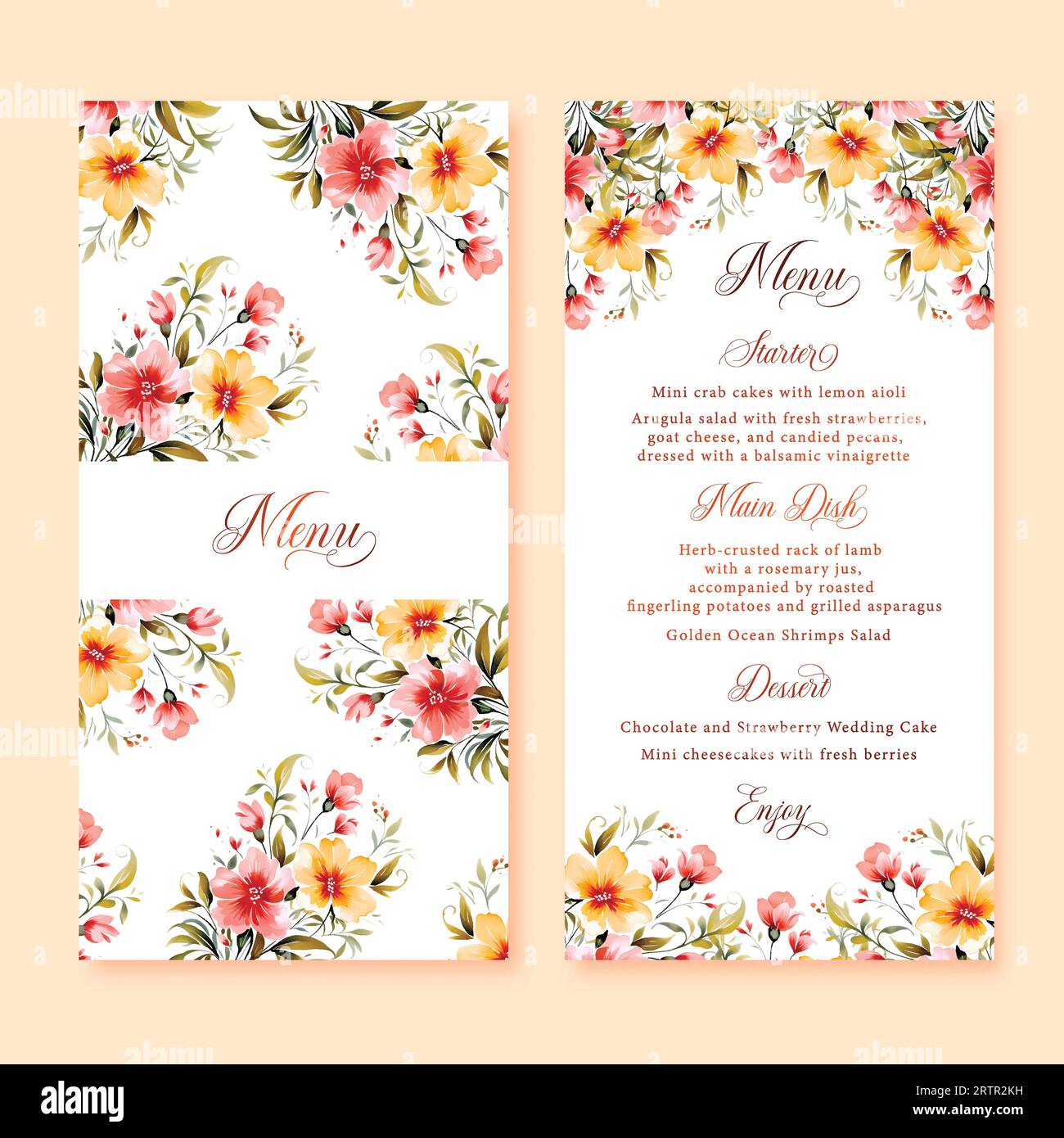Watercolor floral wedding menu cards with pink and yellow wild flowers ...