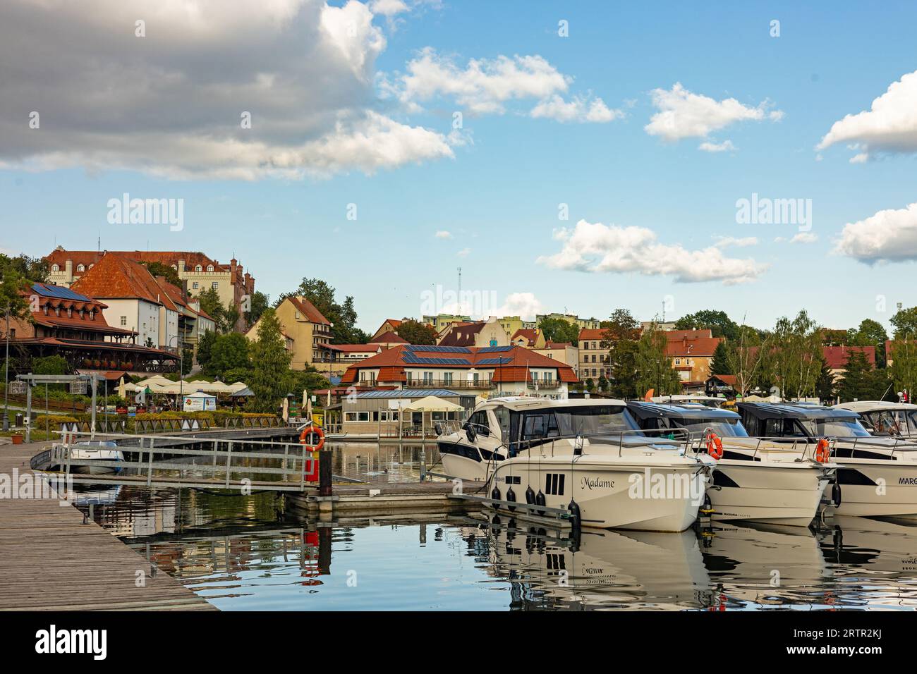 view over the marina to castle and town in Ryn in Poland Stock Photo ...