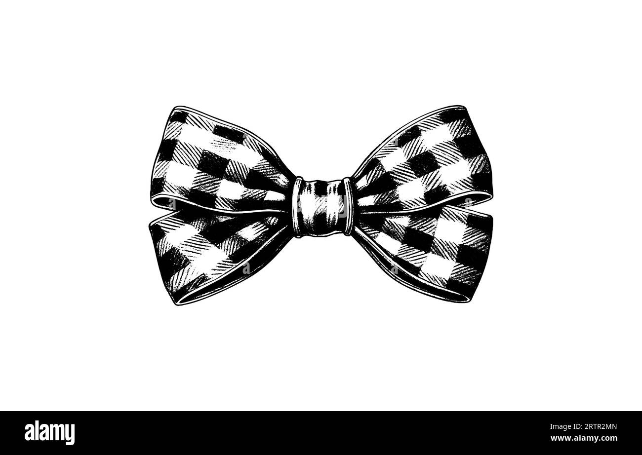 A checkered bow ribbon gift in a vintage engraved style. Vector design ...