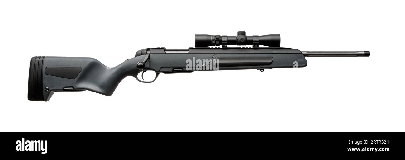 A modern bolt-action scout rifle. Weapons with optical sights. Isolate ...