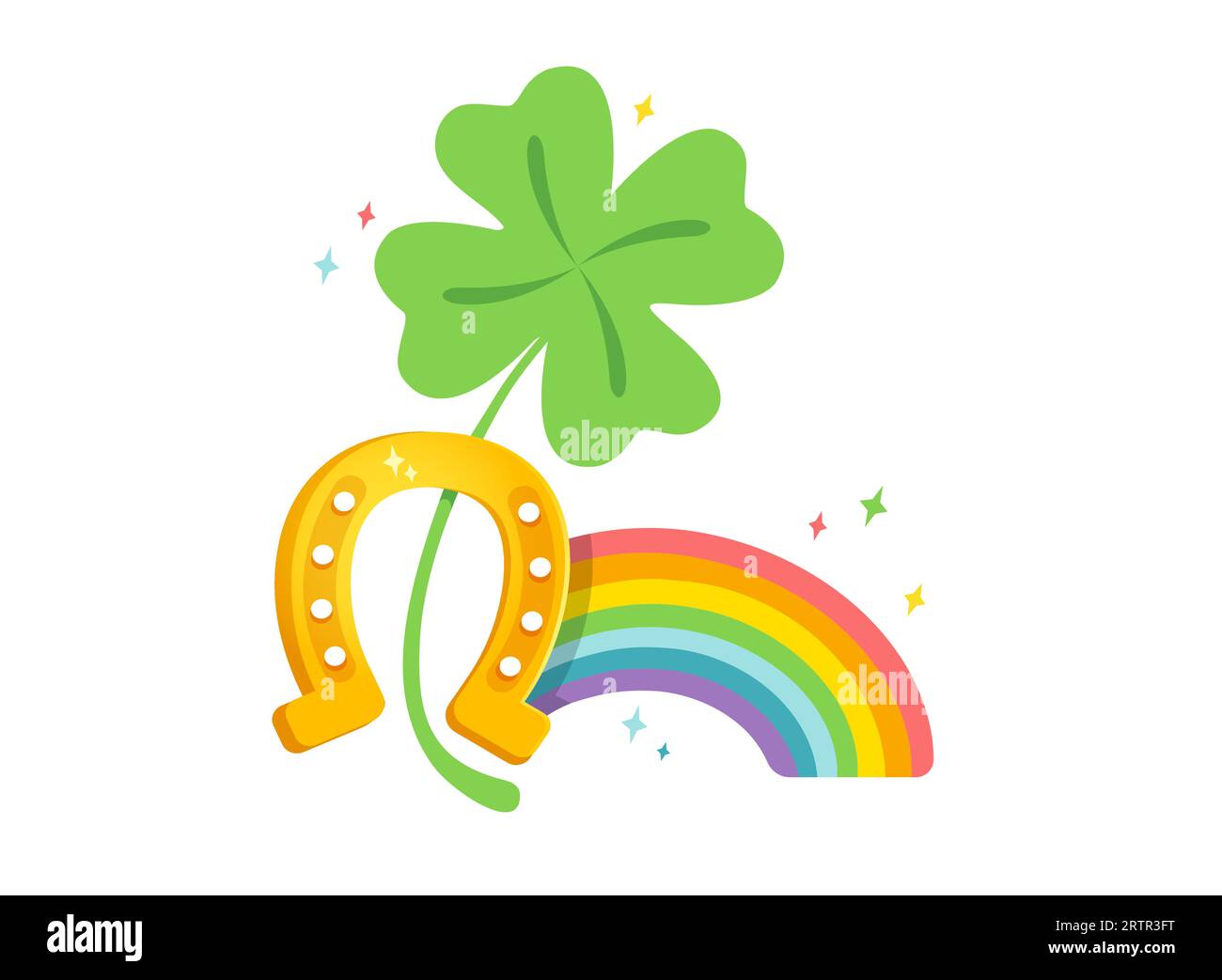 Vector illustration of a four leaf clover, rainbow and horseshoe. Lucky ...