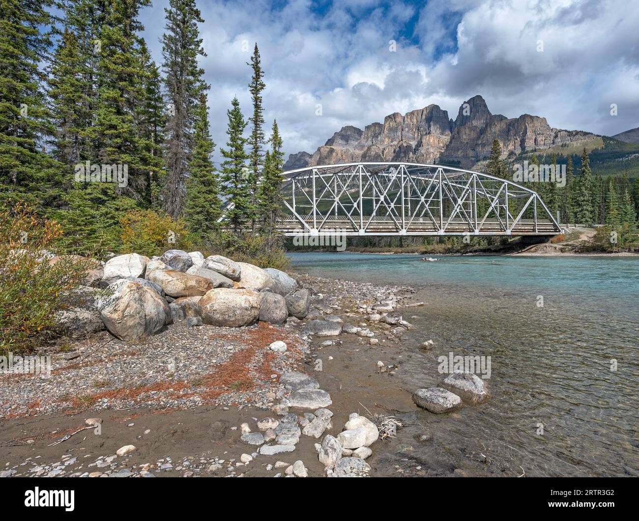 Old steel truss bridge over the Bow River at Castle Junction in Banff ...