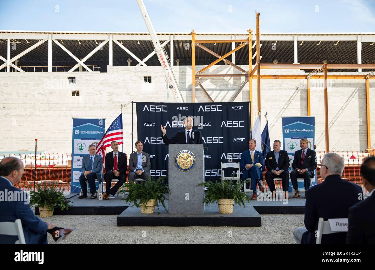 AESC Group CEO Shoichi Matsumoto speaks at the "Topping Out" structural ...