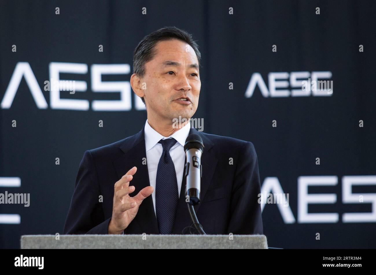 AESC Group CEO Shoichi Matsumoto speaks at the "Topping Out" structural ...