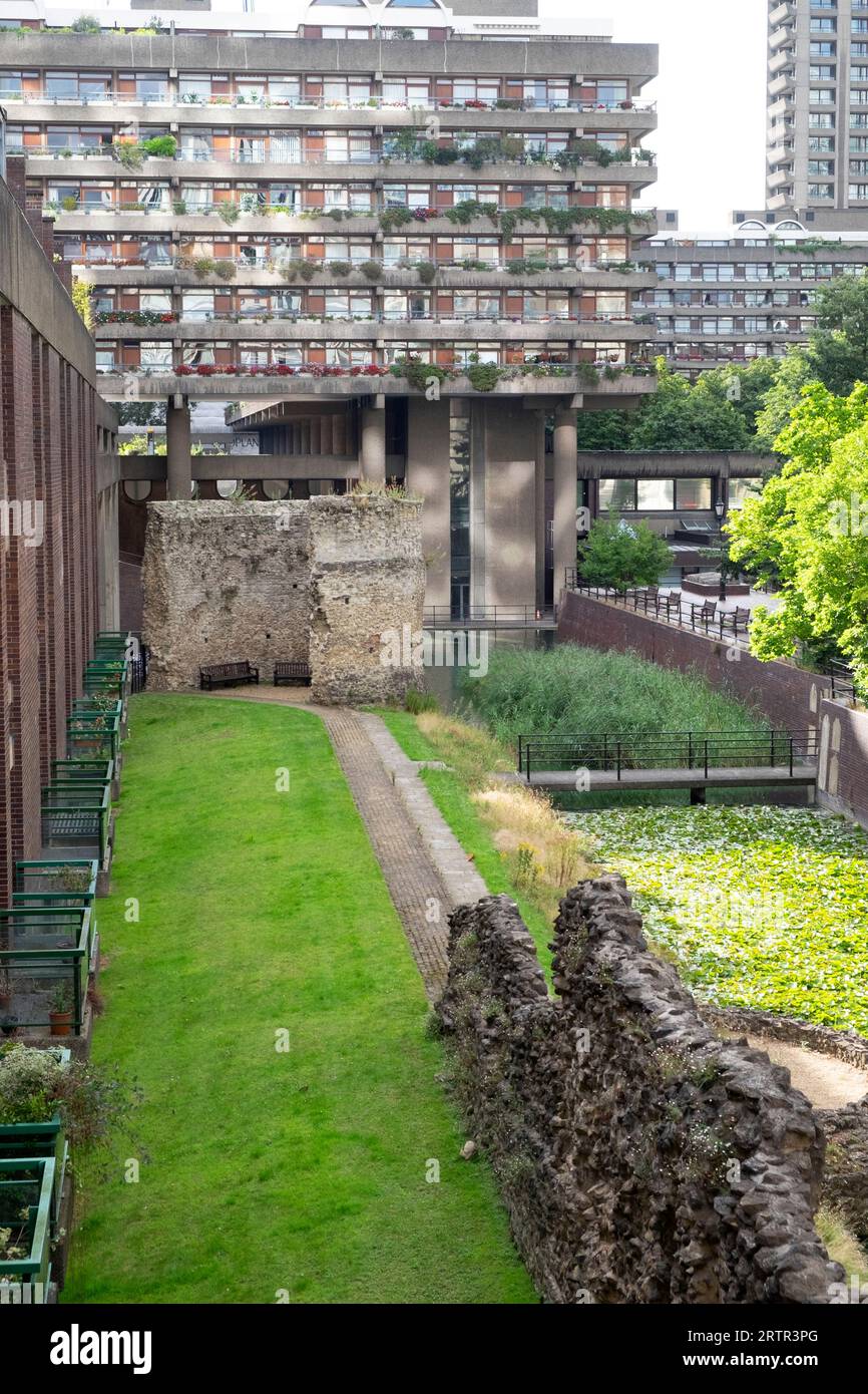 Vertical view of Roman London Wall remains 13th C Bastion 12, moat and ...