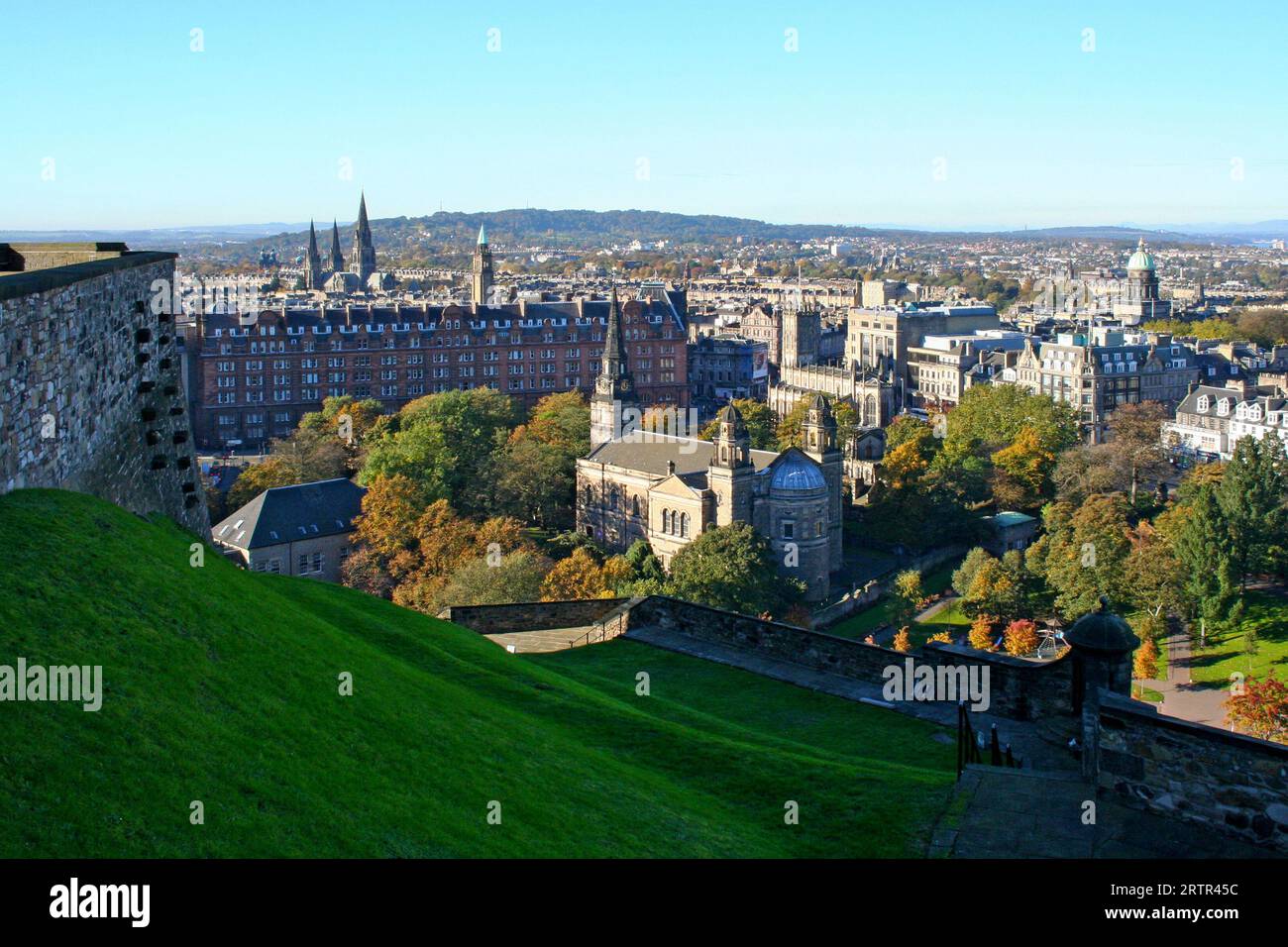 Cityscape of Edinburgh from the top of Princes Street Gardens with ...