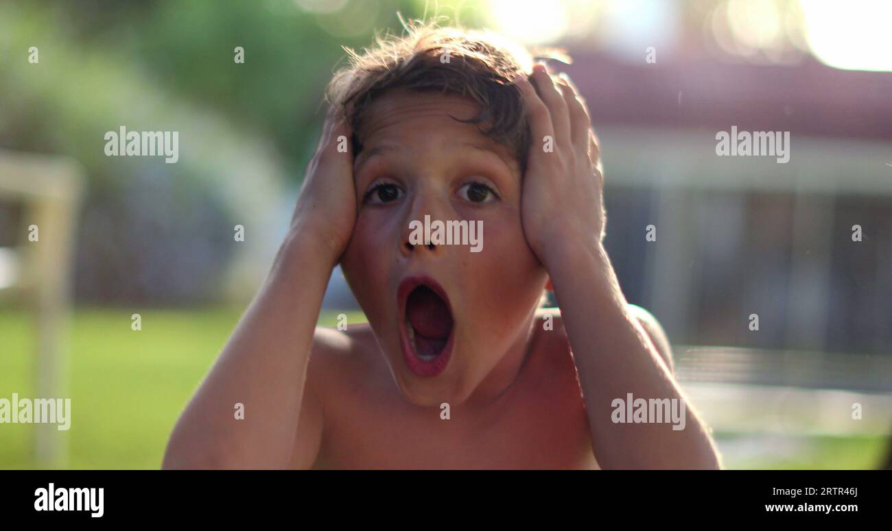 Child boy SHOCK reaction with despair. Emotional kid reacting with ...