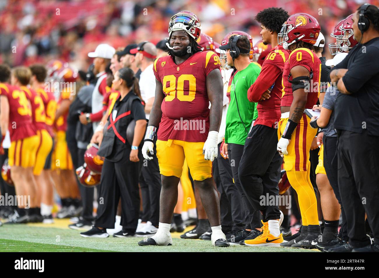LOS ANGELES, CA - SEPTEMBER 02: USC Trojans defensive lineman Bear Alexander (90) looks on ...