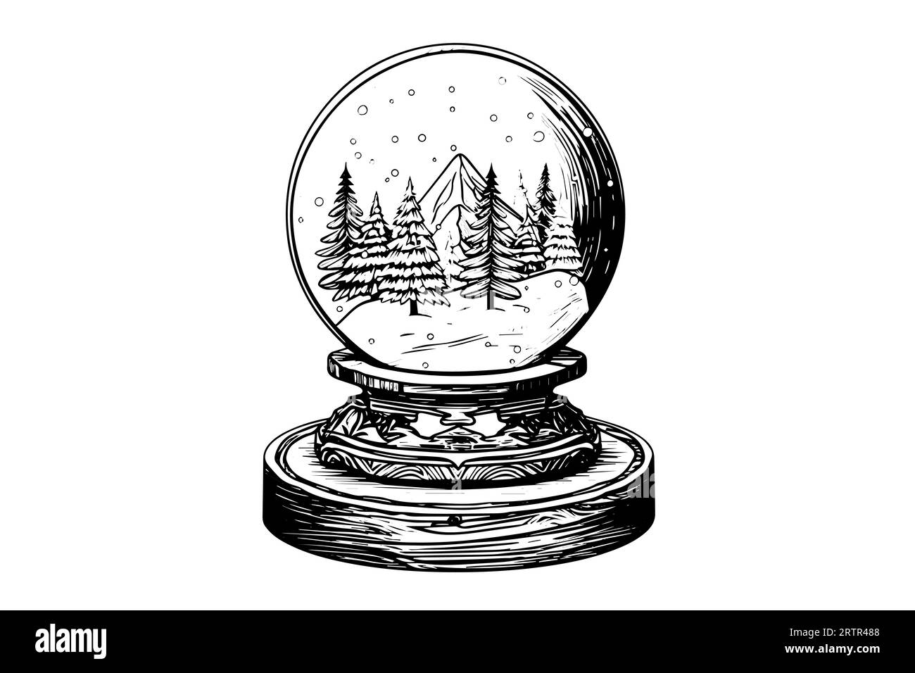 Merry Christmas gift snow globe Snowflake tree inside. Vector engraving ...