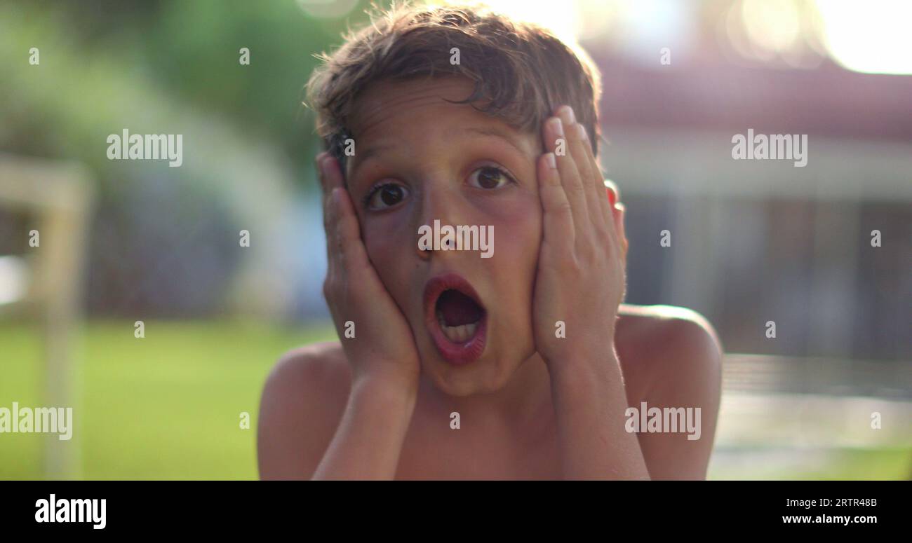 Child boy SHOCK reaction with despair. Emotional kid reacting with ...