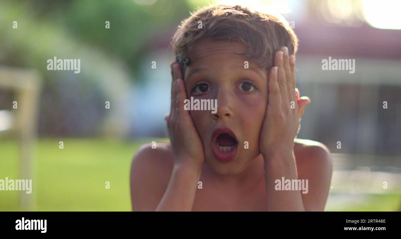 Child boy SHOCK reaction with despair. Emotional kid reacting with ...