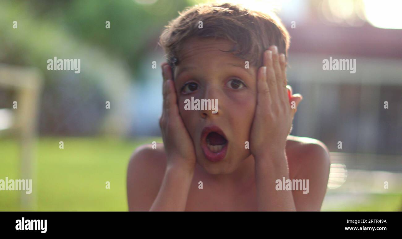 Child boy SHOCK reaction with despair. Emotional kid reacting with ...