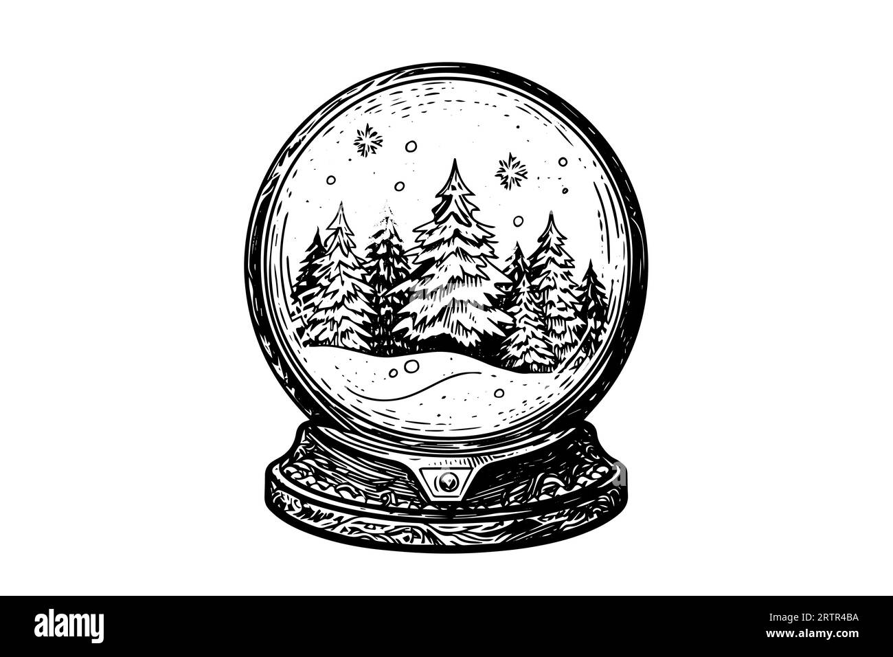 Merry Christmas gift snow globe Snowflake tree inside. Vector engraving ...