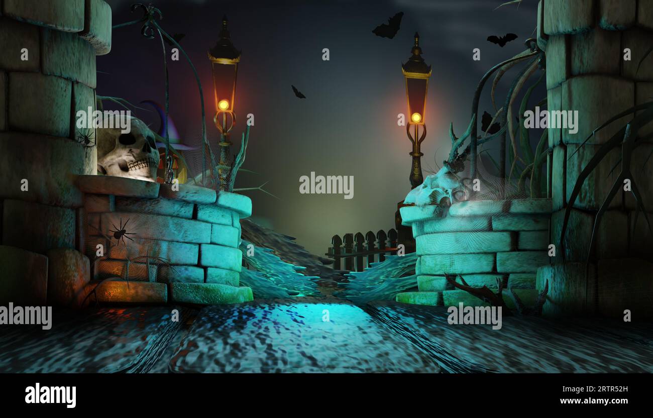 Halloween background. Spooky horror night scene with gate do the old ...