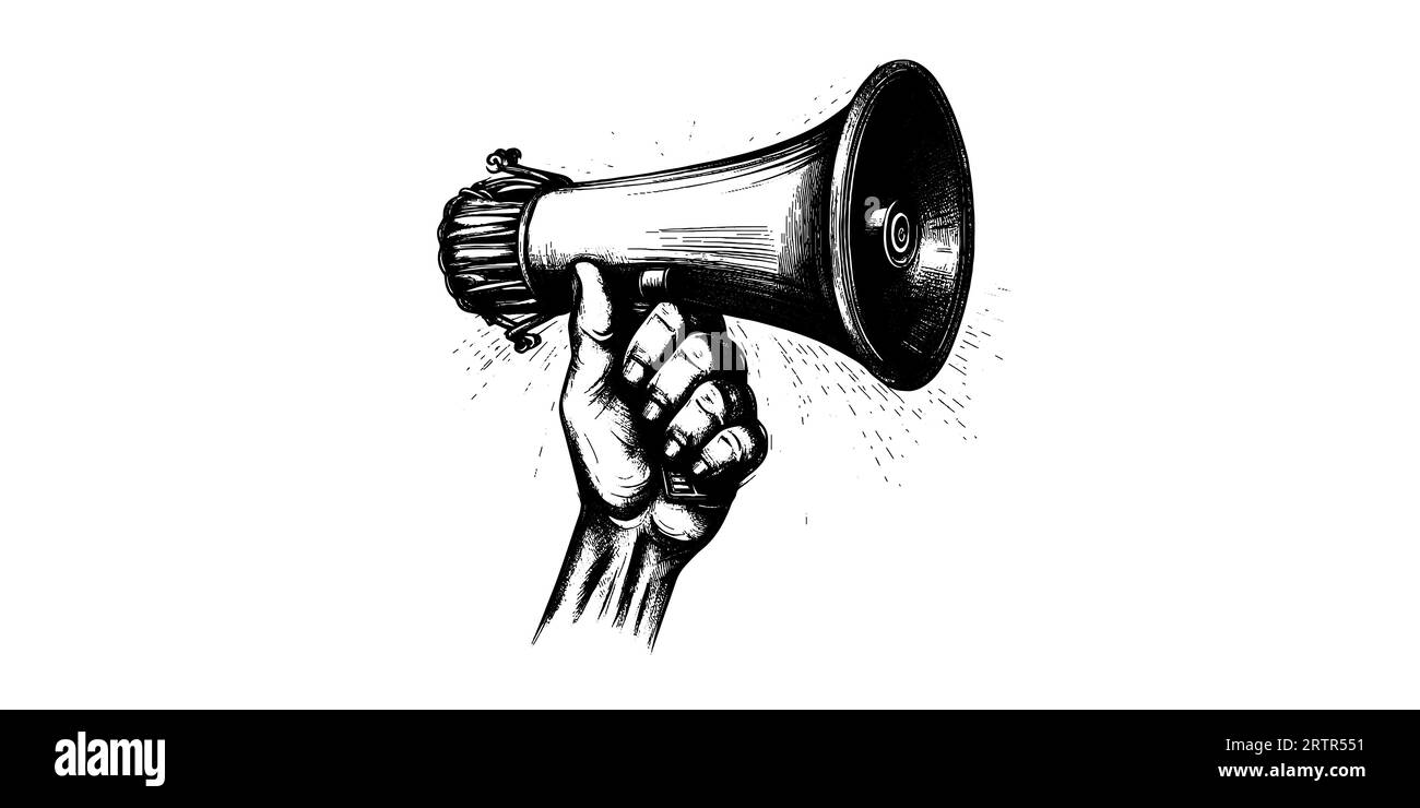 Retro hand drawn ink sketch of megaphone. Realistic loudspeaker. Vector illustration engraving ...