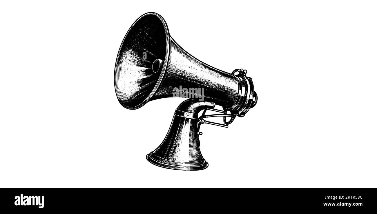 Retro hand drawn ink sketch of megaphone. Realistic loudspeaker. Vector illustration engraving ...
