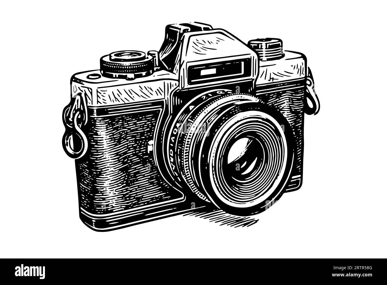 Modern photo camera in engraving style. Vector retro hand drawn ...