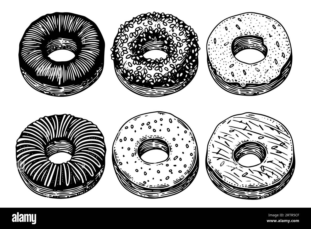 Set of tasty donuts engraving style. Hand drawn ink sketch vector ...