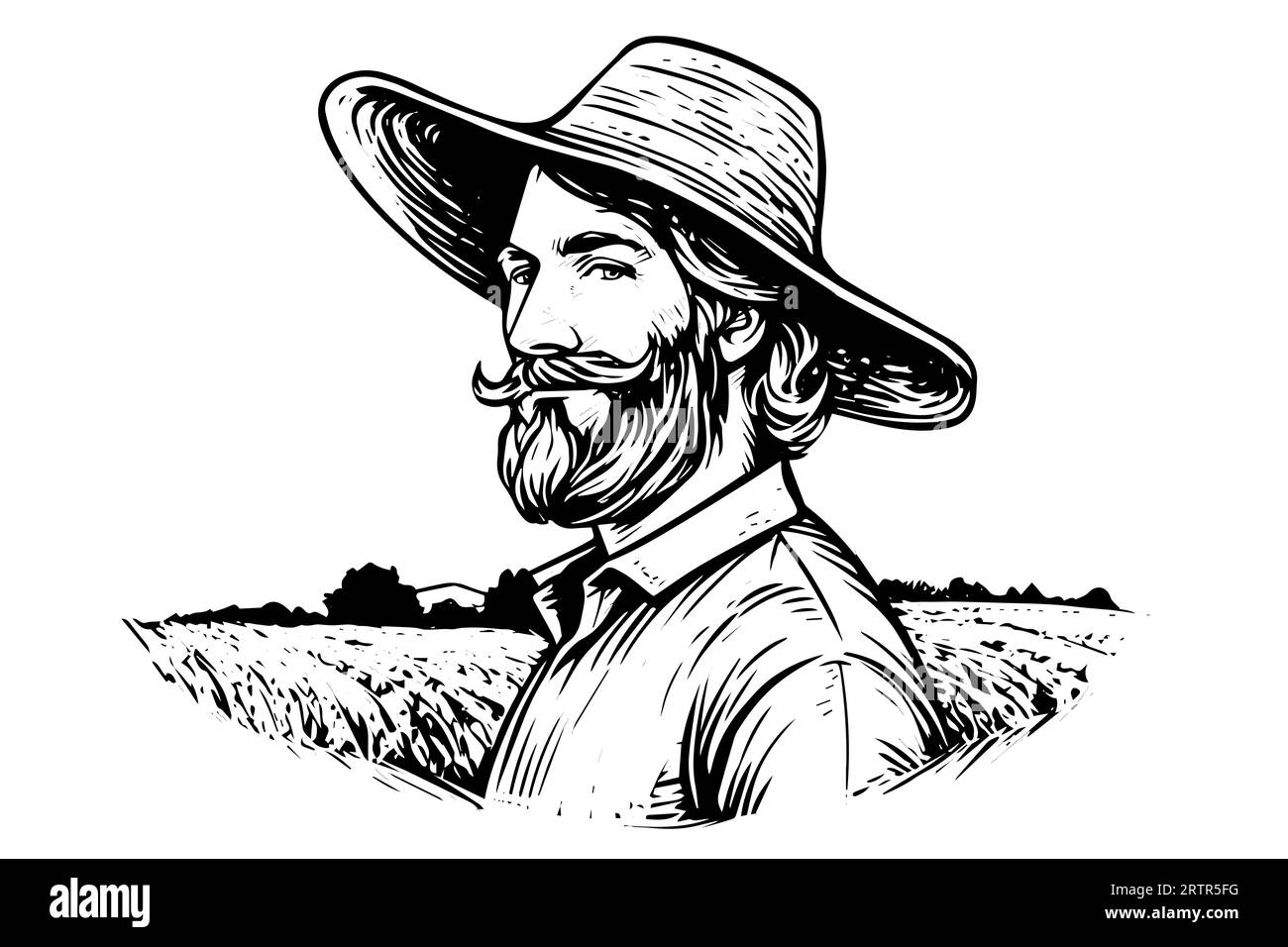 Happy farmer in hat engraving style. Hand drawn ink sketch. Vector ...