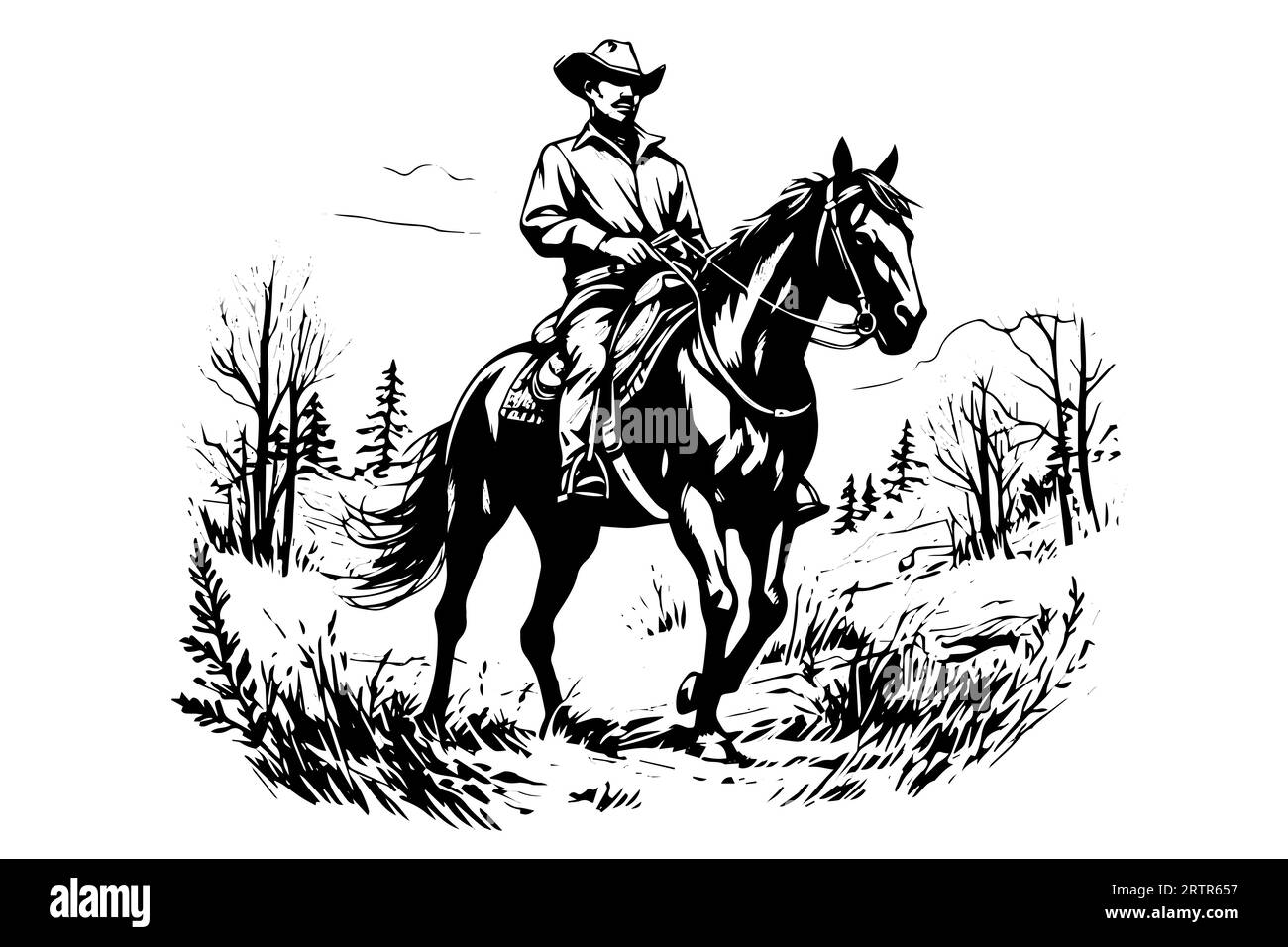Cowboy on horse in engraving style. Hand drawn ink sketch. Vector ...