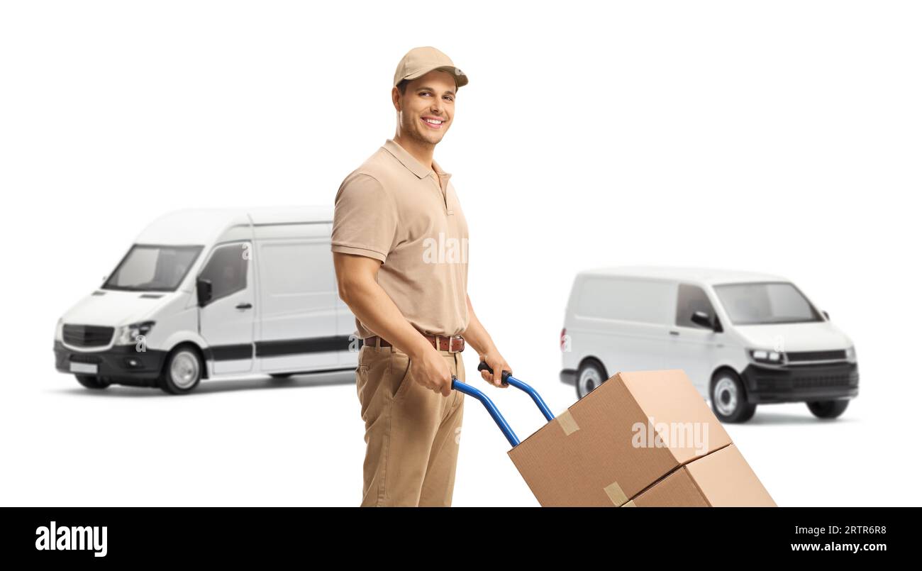 Delivery man with a hand truck and boxes near transport vans isolated ...