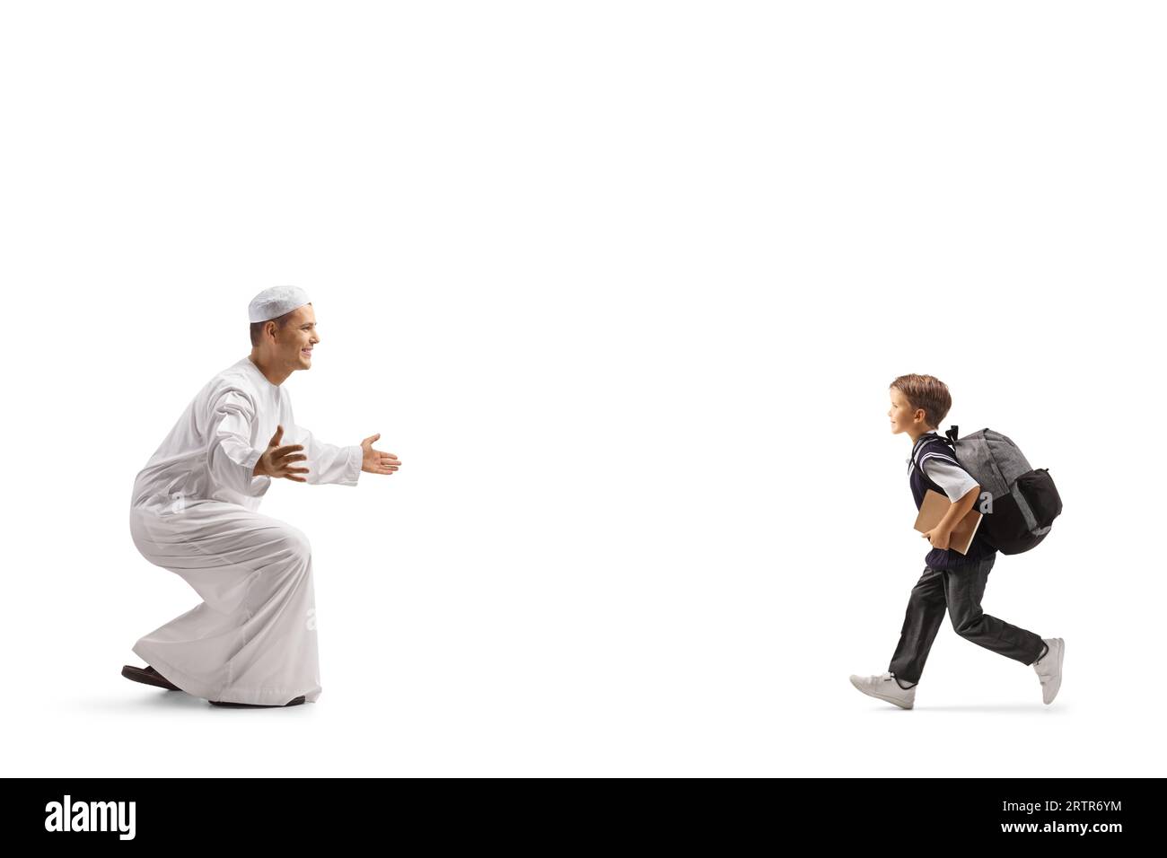 Schoolboy running towards a man in traditional muslim clothes isolated ...