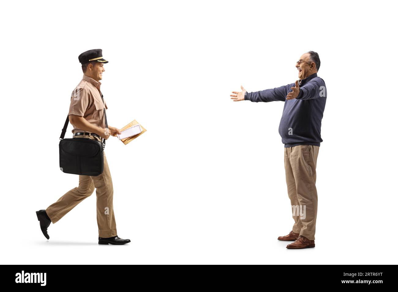 Mailman delivering a letter to a happy mature man isolated on white ...