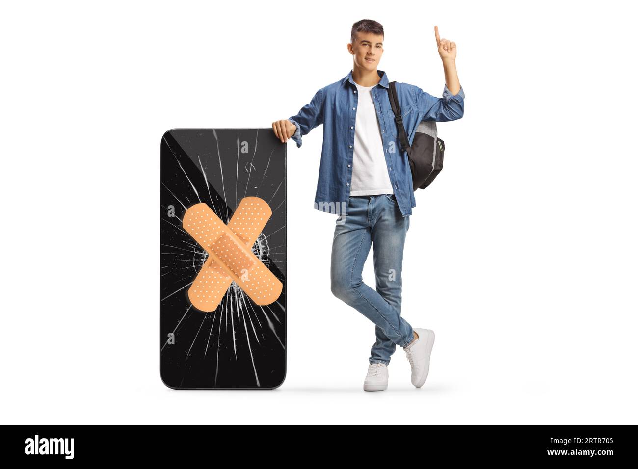 Male student with a backpack leaning on a broken mobile phone fixed ...