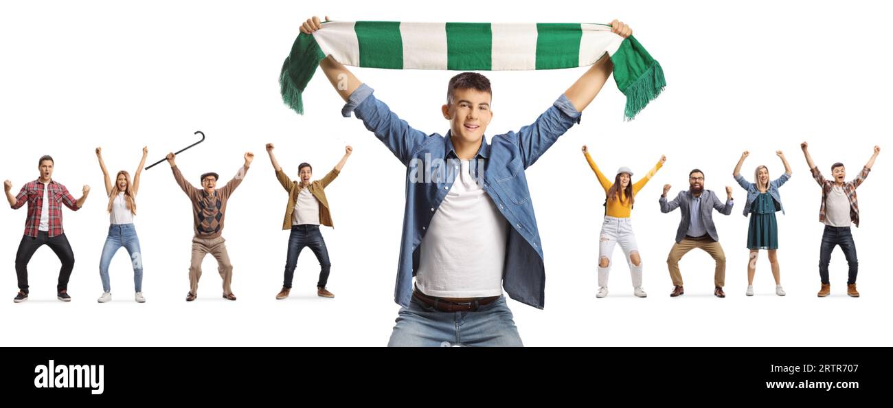 Happy young man cheering with a scarf in front of other people isolated ...