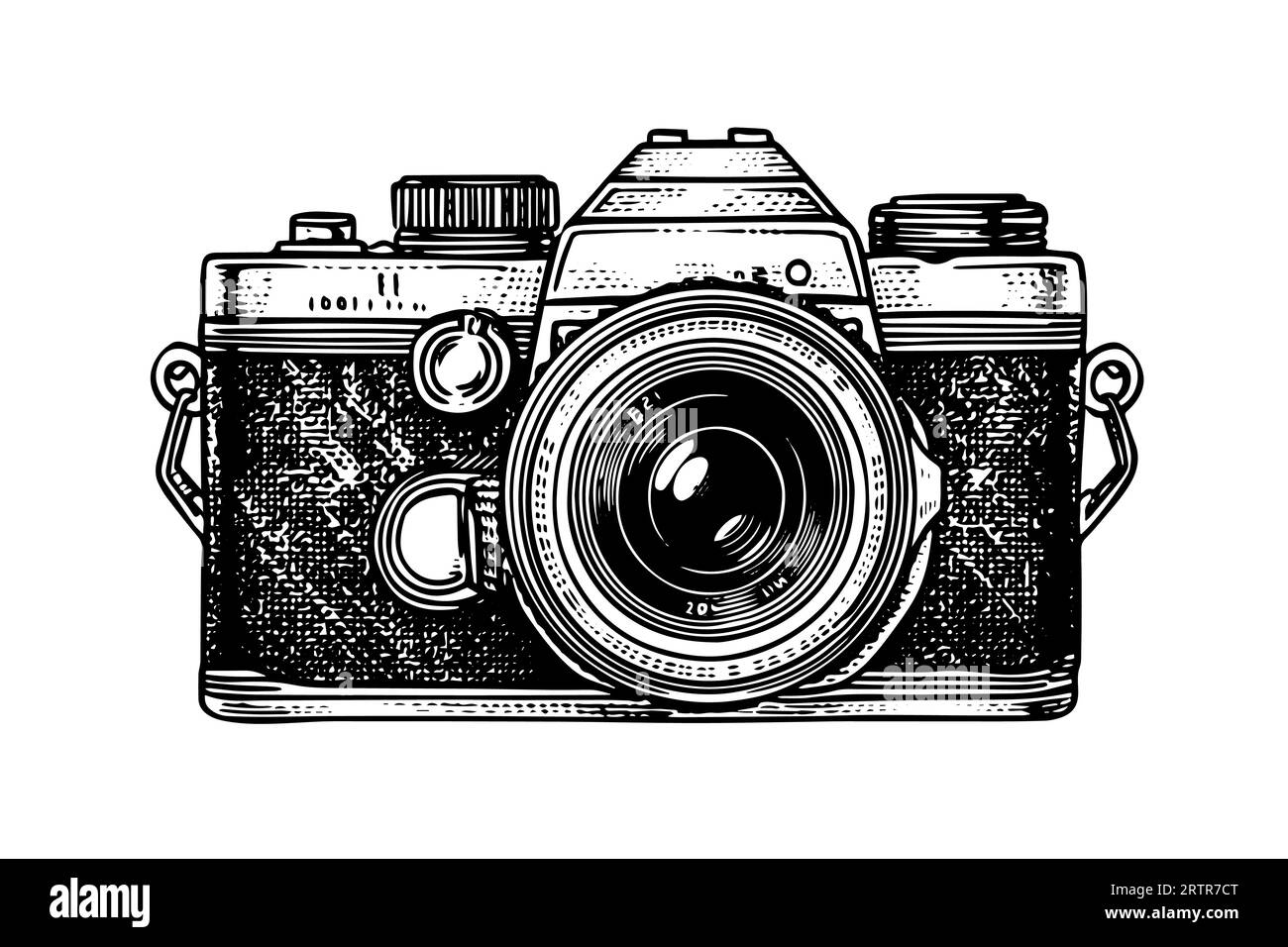 Modern photo camera in engraving style. Vector retro hand drawn ...