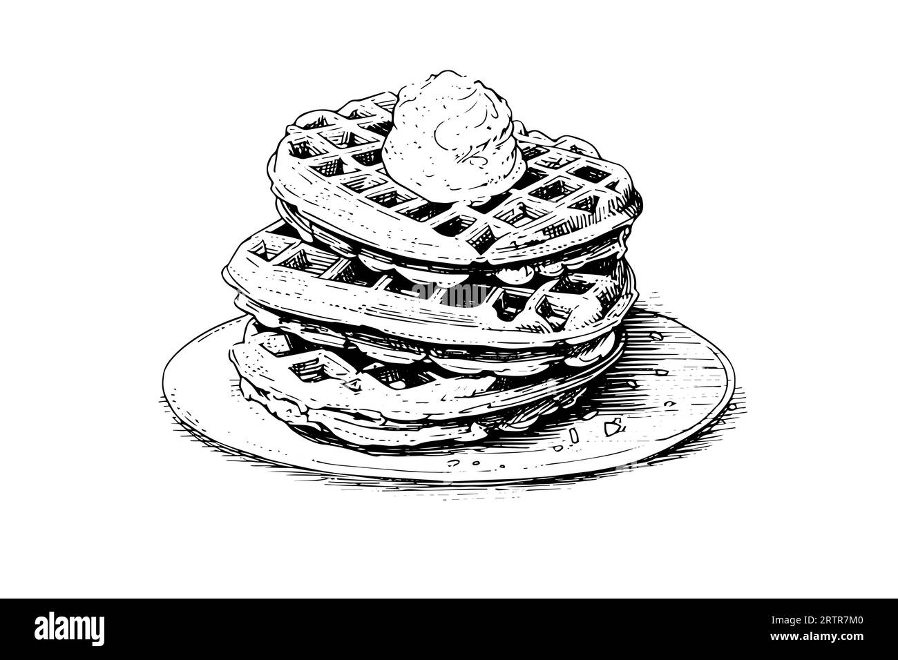 Waffles With Ice Cream Hand Drawn Ink Sketch Engraving Style Vector