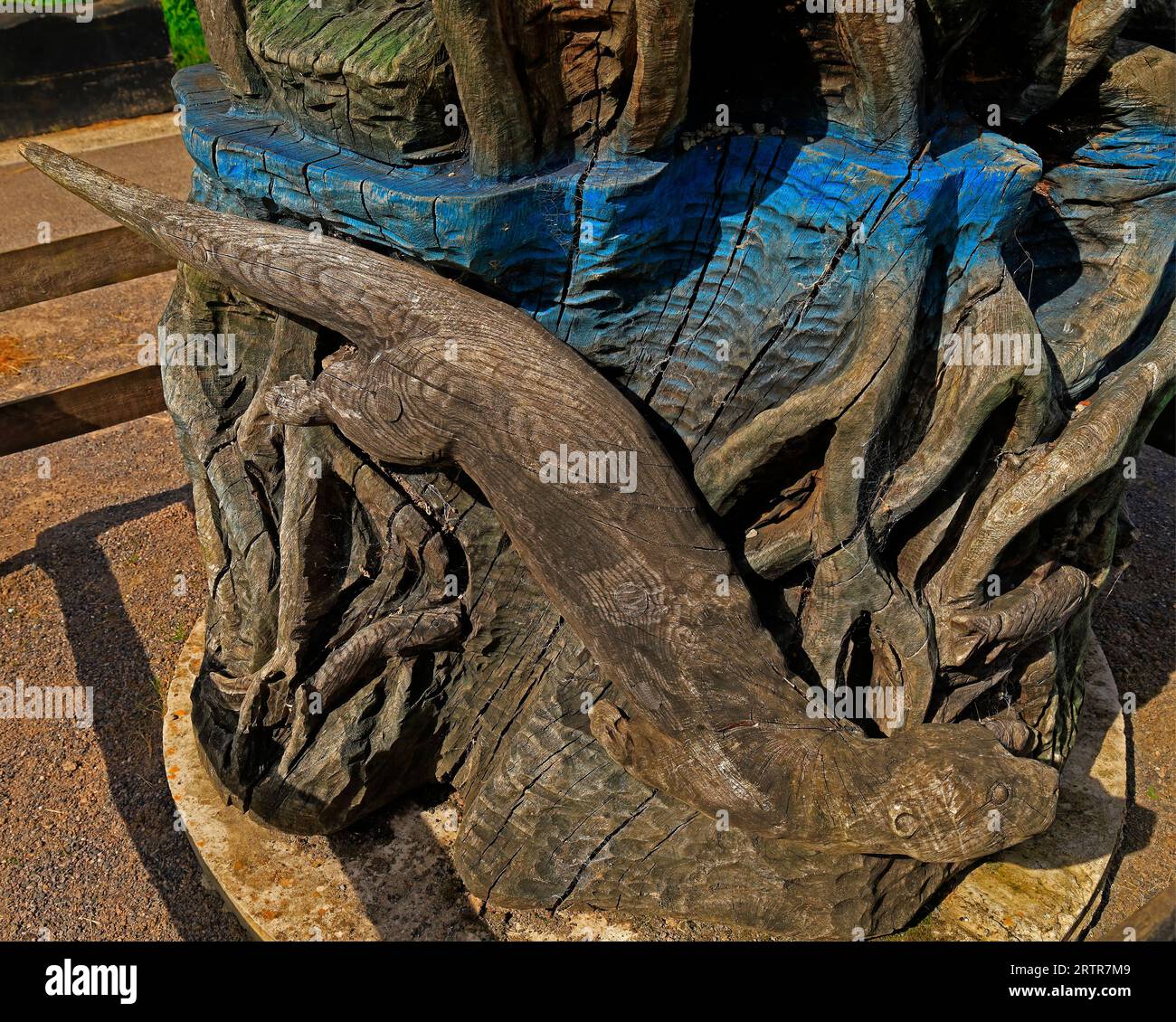 Wooden carving artwork at Cosmeston Lakes and Country Park, South Wales ...