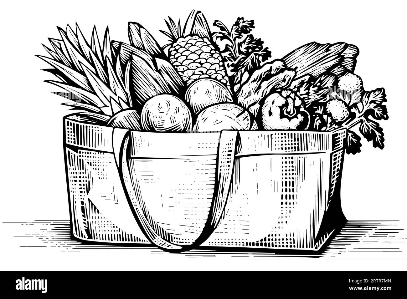 Grocery bag full of fruits and vegetables engraving sketch vector hand ...