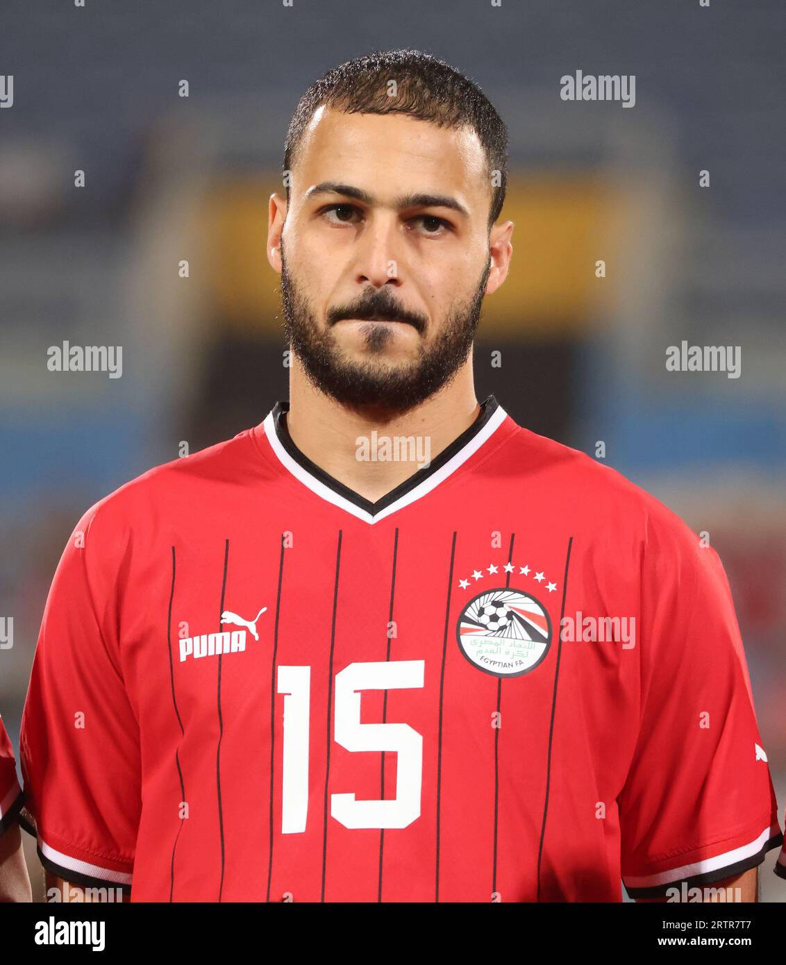 Egypt, Cairo - 12 September 2023 - Ahmed Ramadan Mohamed of Egypt head shot, profile in home kit ...