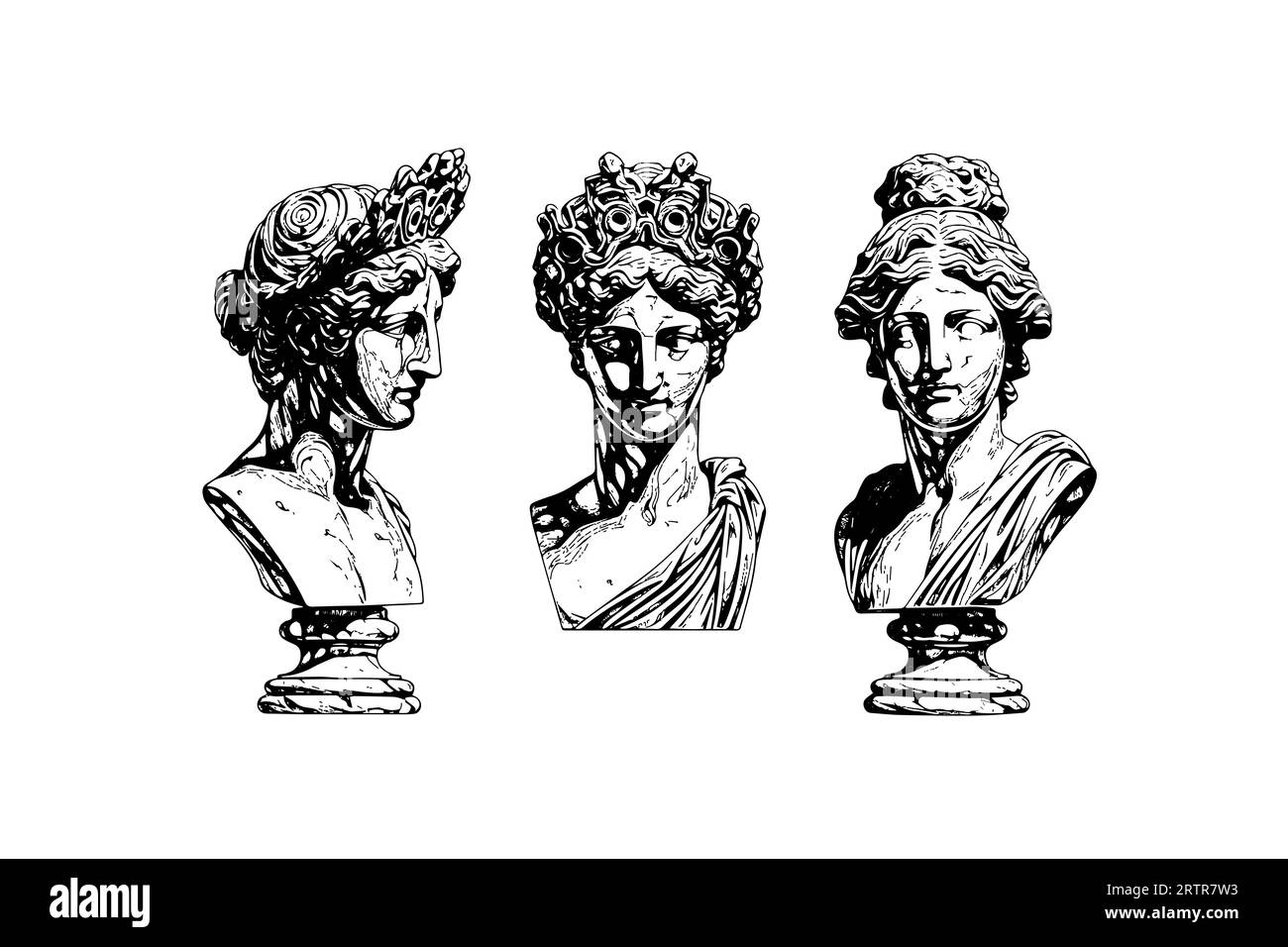 Set of antique statue head of greek sculpture sketch engraving style vector illustration pack ...