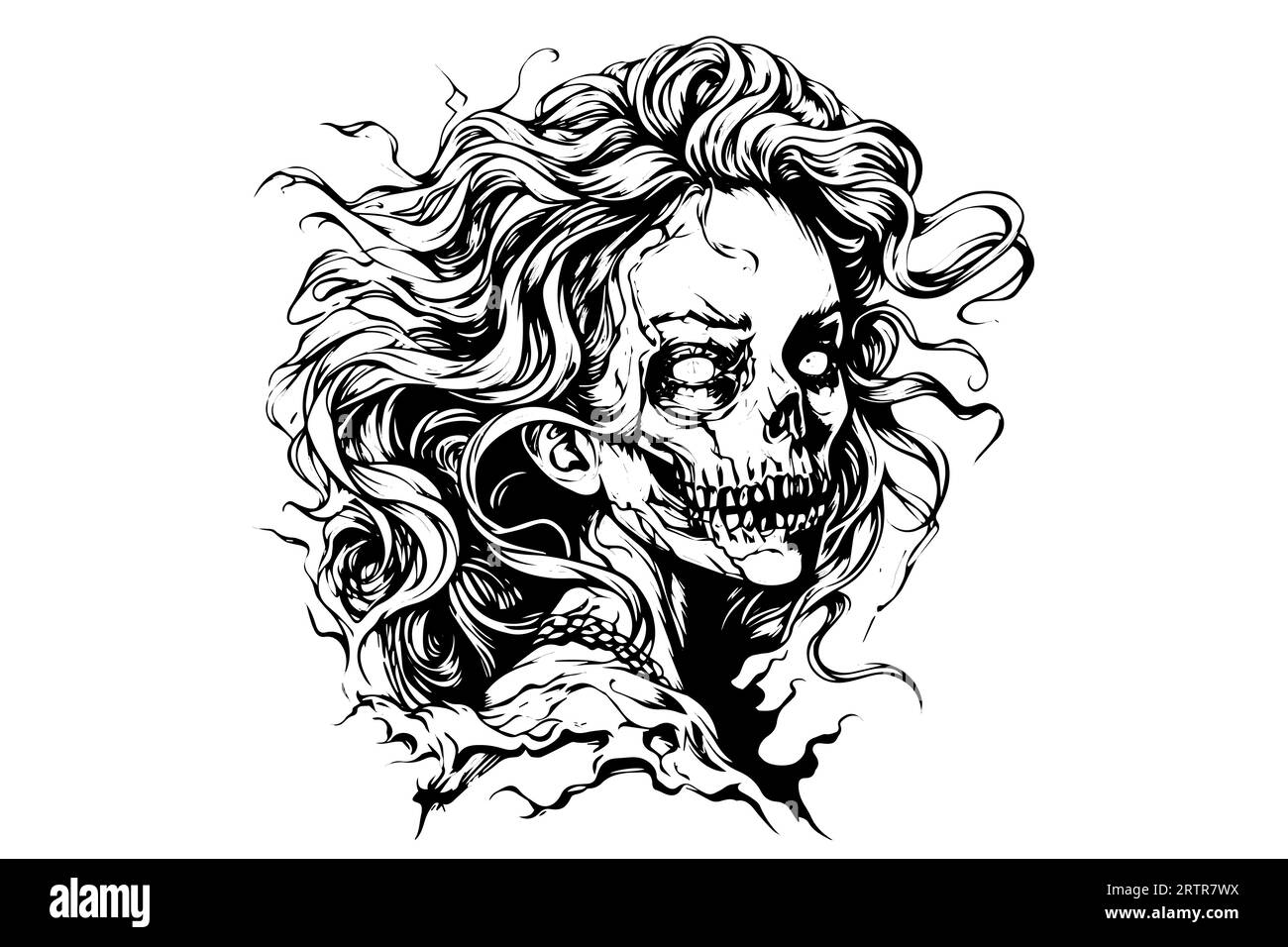 Zombie head or face ink sketch. Walking dead hand drawing vector ...
