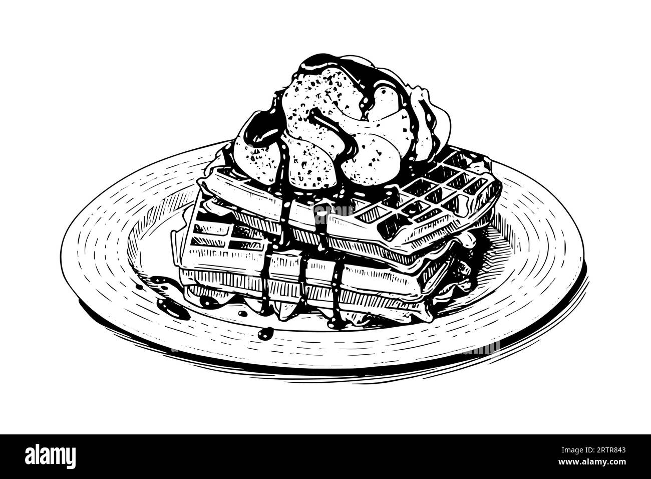Waffles With Ice Cream Hand Drawn Ink Sketch Engraving Style Vector
