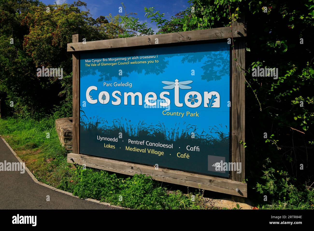 Large blue sign at entrance to Cosmeston Lakes and Country Park, South ...