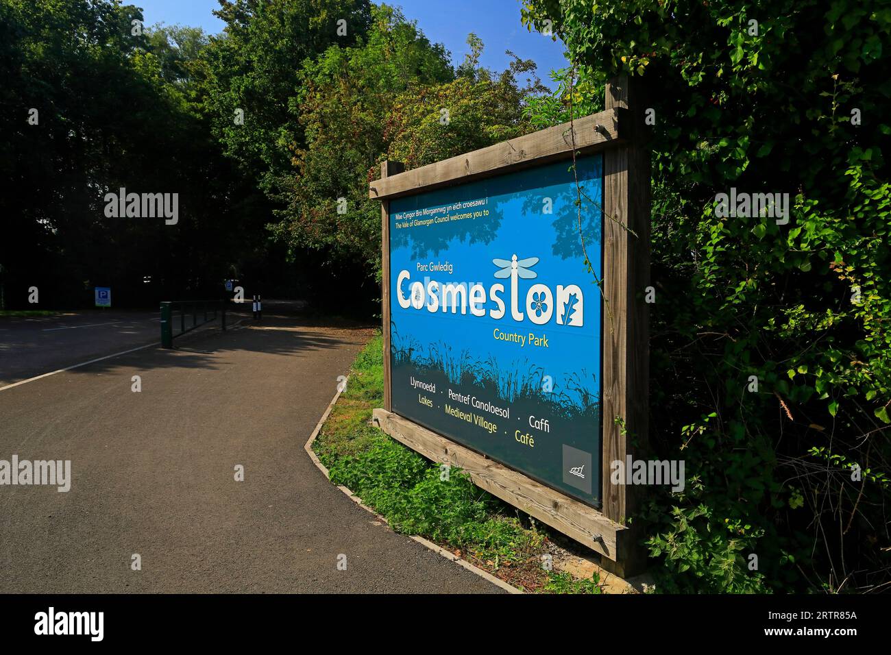 Large blue sign at entrance to Cosmeston Lakes and Country Park, South ...