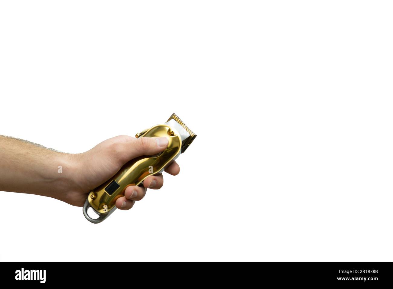 Male hand holding hair clipper isolated on white background, male arm ...