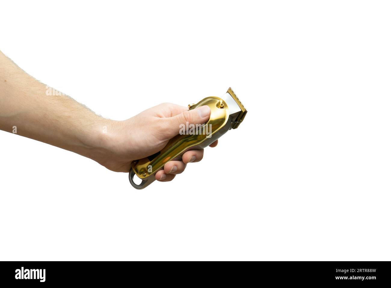 Male hand holding hair clipper isolated on white background, male arm ...