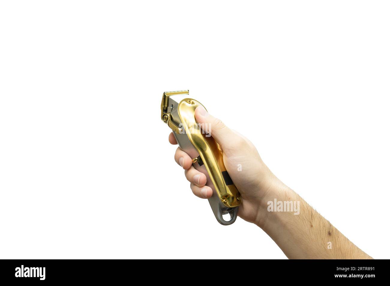 Male hand holding hair clipper isolated on white background, male arm ...