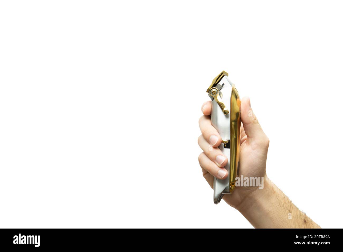 Male hand holding hair clipper isolated on white background, male arm ...
