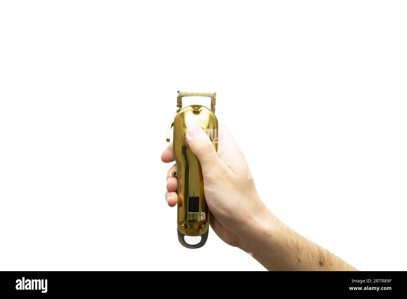 Male hand holding hair clipper isolated on white background, male arm ...