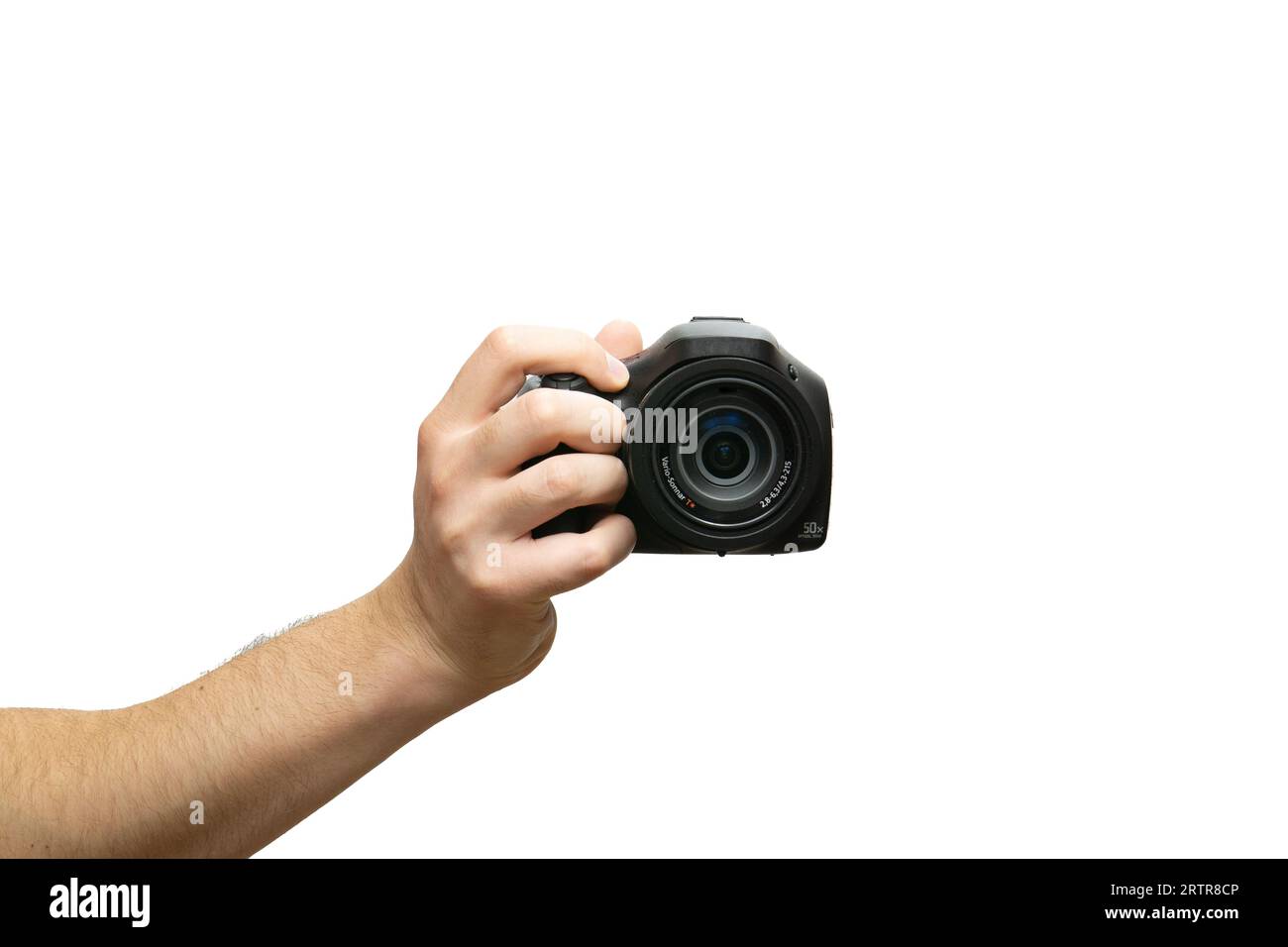 hand holding modern digital camera isolated on white background Stock ...